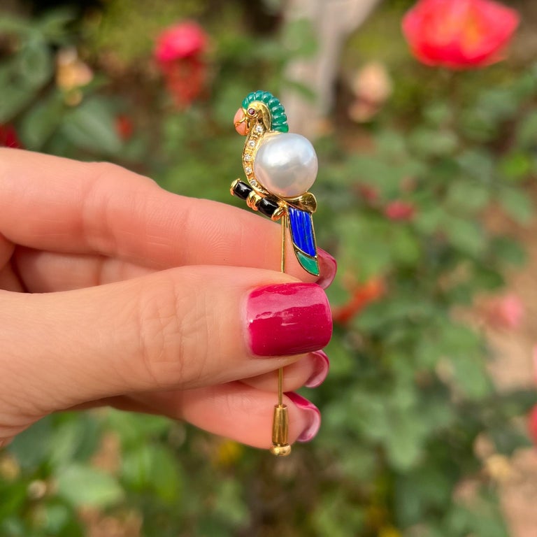 Vintage Multi Gem Gold Parrot Brooch Stick Pin For Sale at 1stDibs