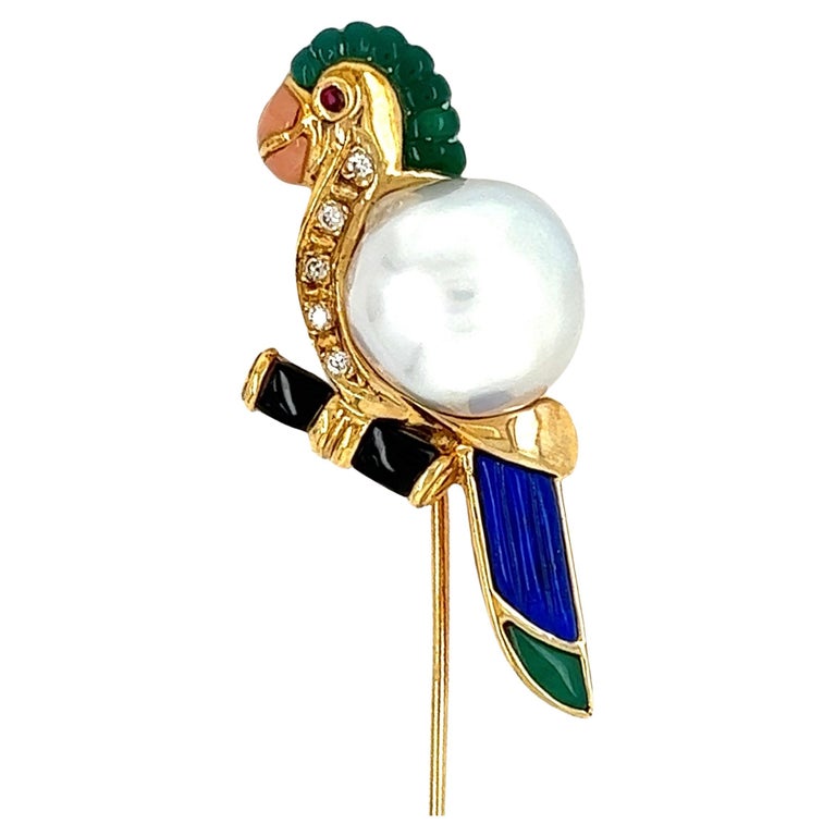 Vintage Multi Gem Gold Parrot Brooch Stick Pin For Sale at 1stDibs