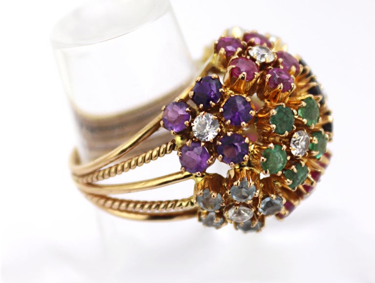 Vintage Multi-Stone, Yellow Gold Bombe Flower Ring For Sale at 1stDibs