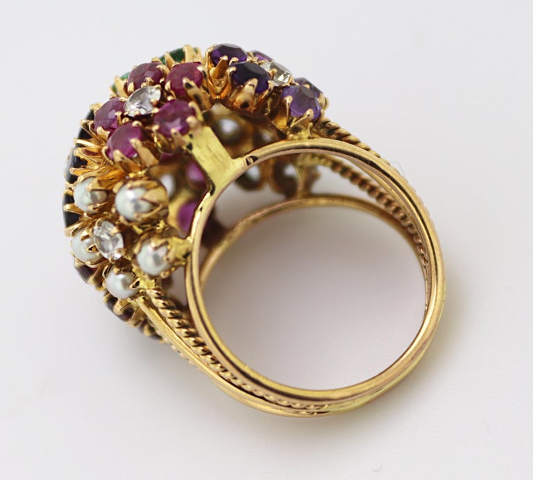Vintage Multi-Stone, Yellow Gold Bombe Flower Ring For Sale at 1stDibs