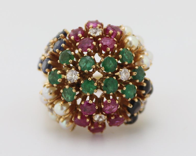 Vintage Multi-Stone, Yellow Gold Bombe Flower Ring For Sale at 1stDibs