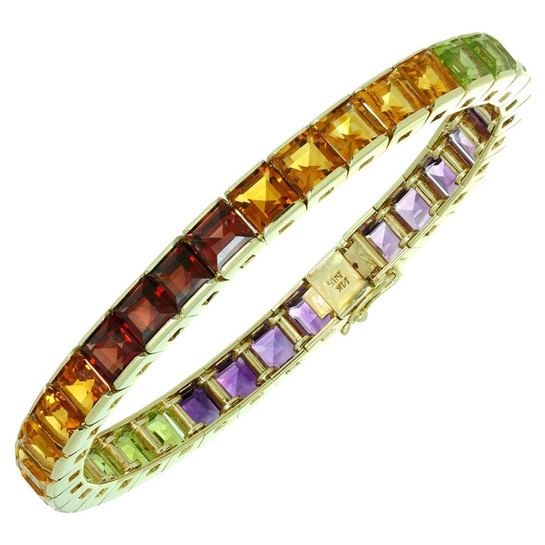 Vintage Multicolor Gemstone Yellow Gold Rainbow Link Bracelet at 1stDibs