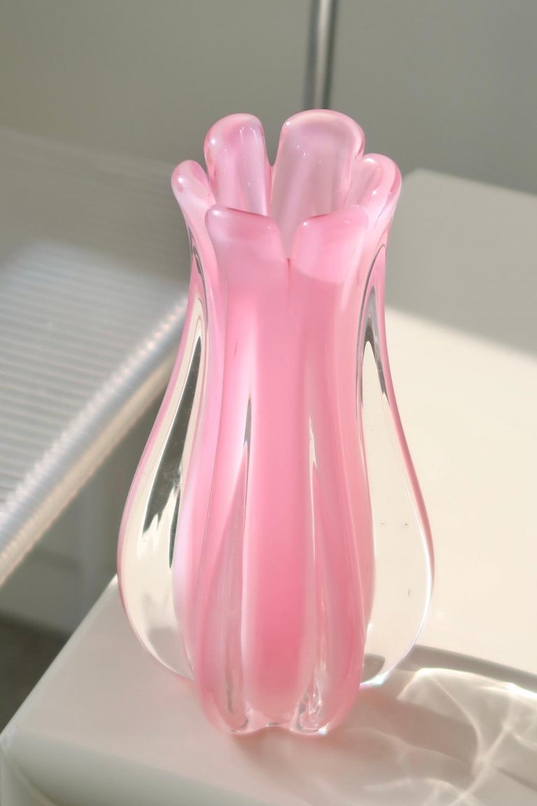 Vintage Murano 1960s Italian Bubble Gum Pink Alabastro Opal Ribbed Vase ...
