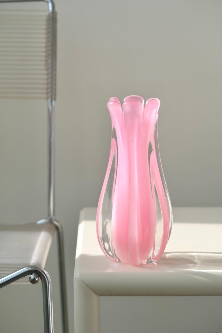 Vintage Murano 1960s Italian Bubble Gum Pink Alabastro Opal Ribbed Vase ...