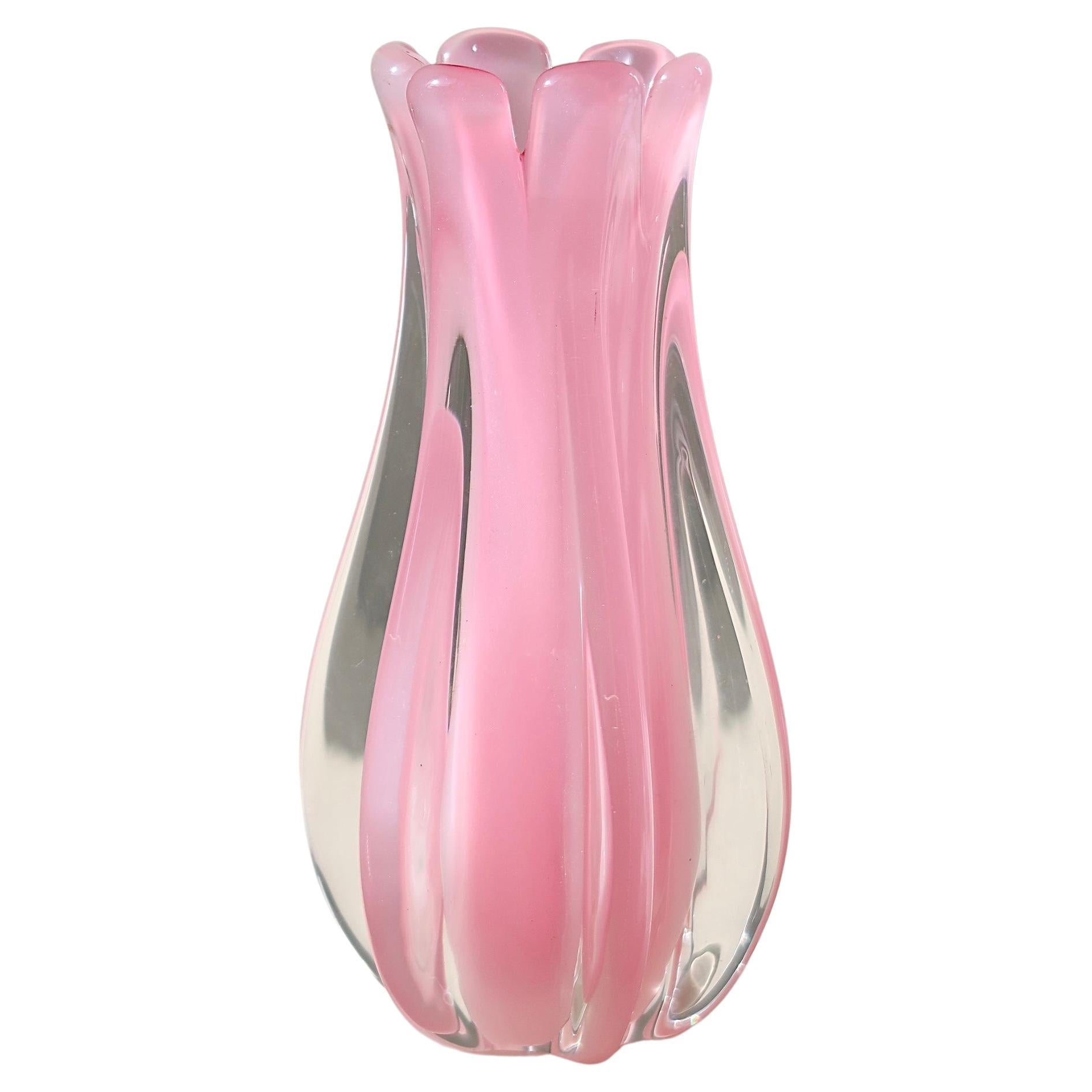 Vintage Murano 1960s Italian Bubble Gum Pink Alabastro Opal Ribbed Vase ...