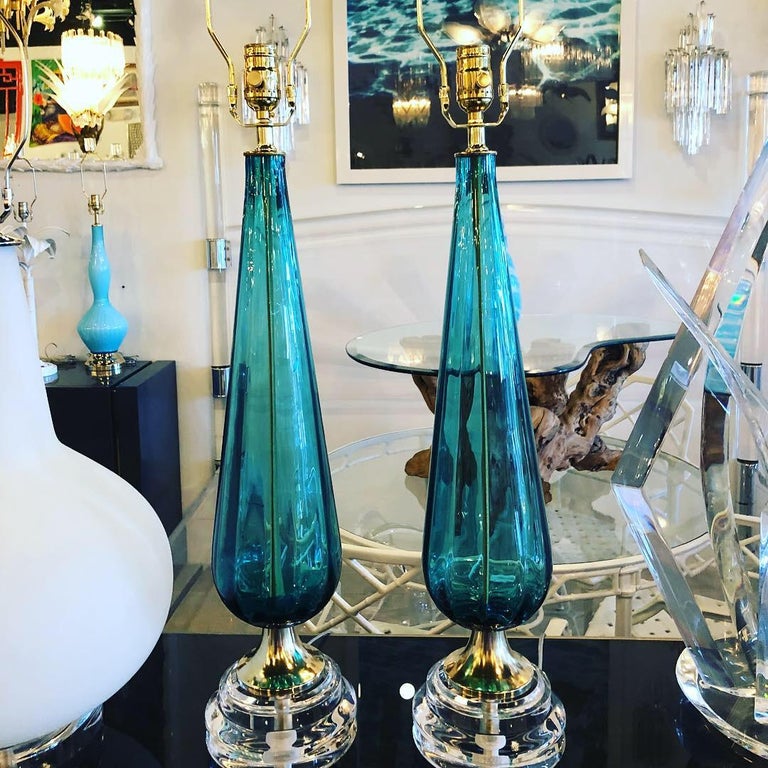 Vintage Murano Aqua Blue Glass Brass Lucite Table Lamp a Pair at 1stDibs