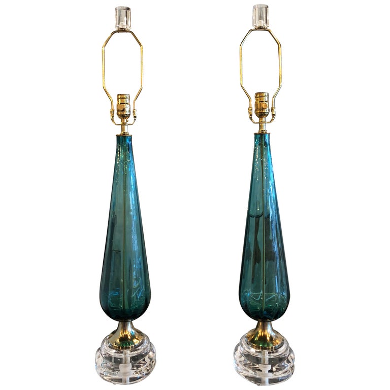 Vintage Murano Aqua Blue Glass Brass Lucite Table Lamp a Pair at 1stDibs