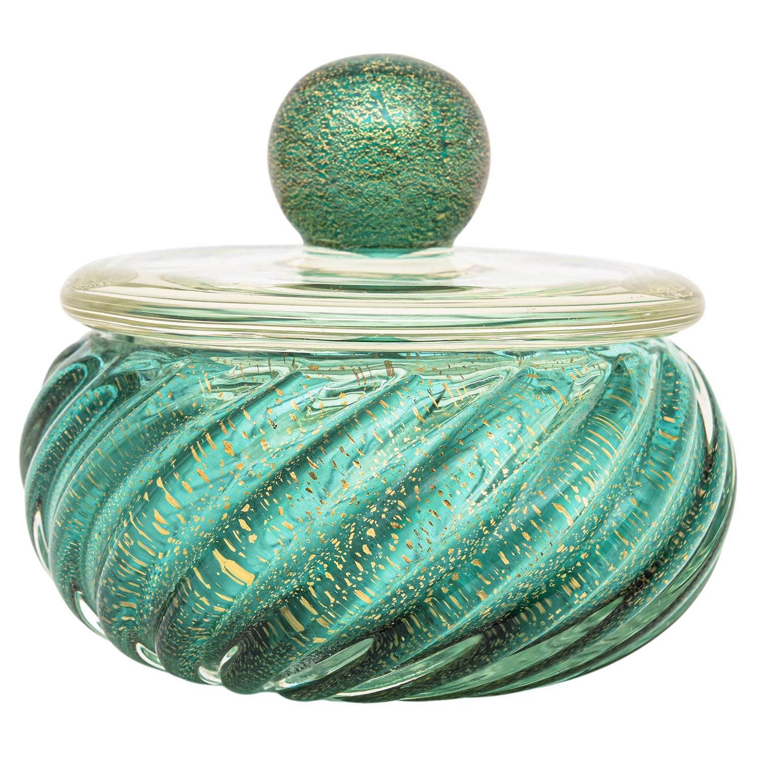 Vintage Murano Barovier &Toso Sea Green Blue Emerald Green Gold Round ...