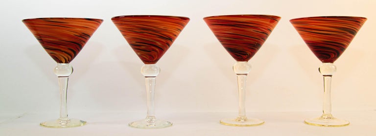 Vintage Murano Red Swirl Martini Glasses Set of 4 Colorful Barware For ...