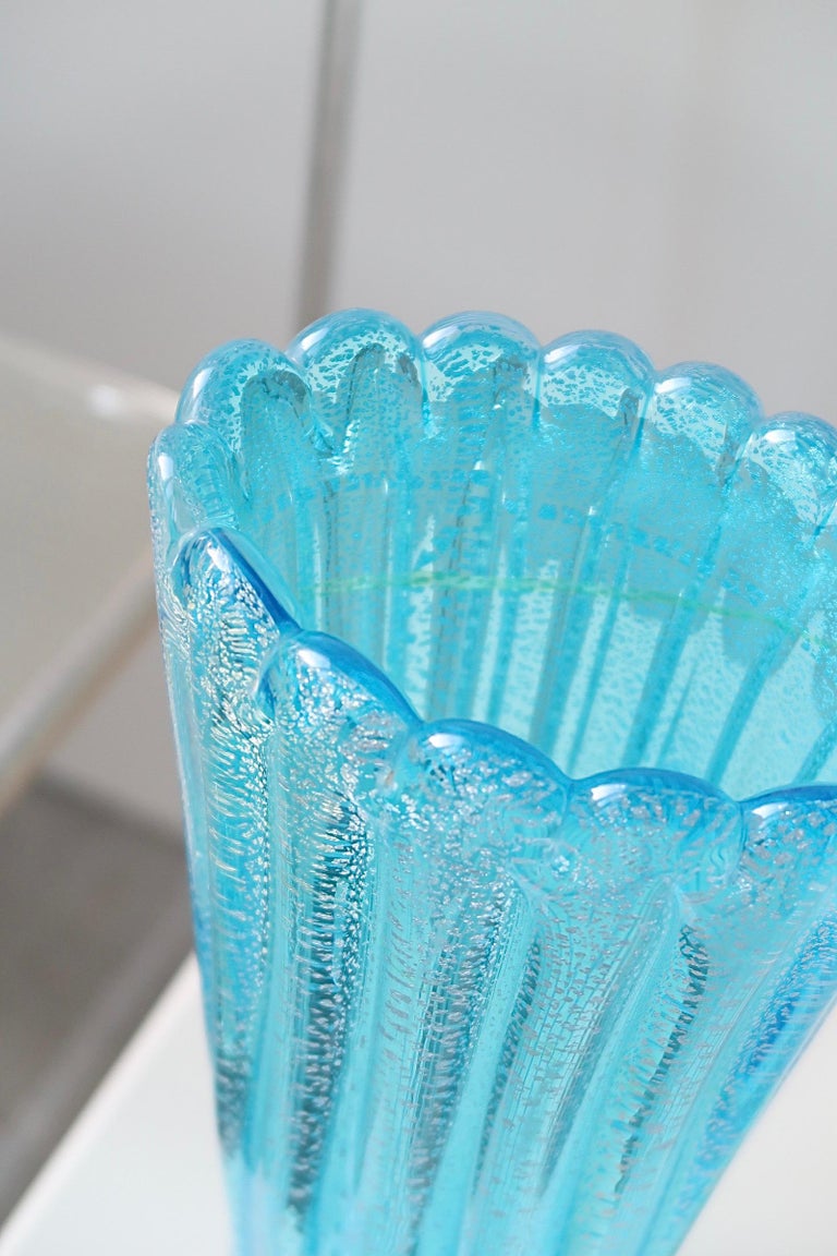 Vintage Murano Ribbed Blue Silver Glass Vase For Sale at 1stDibs