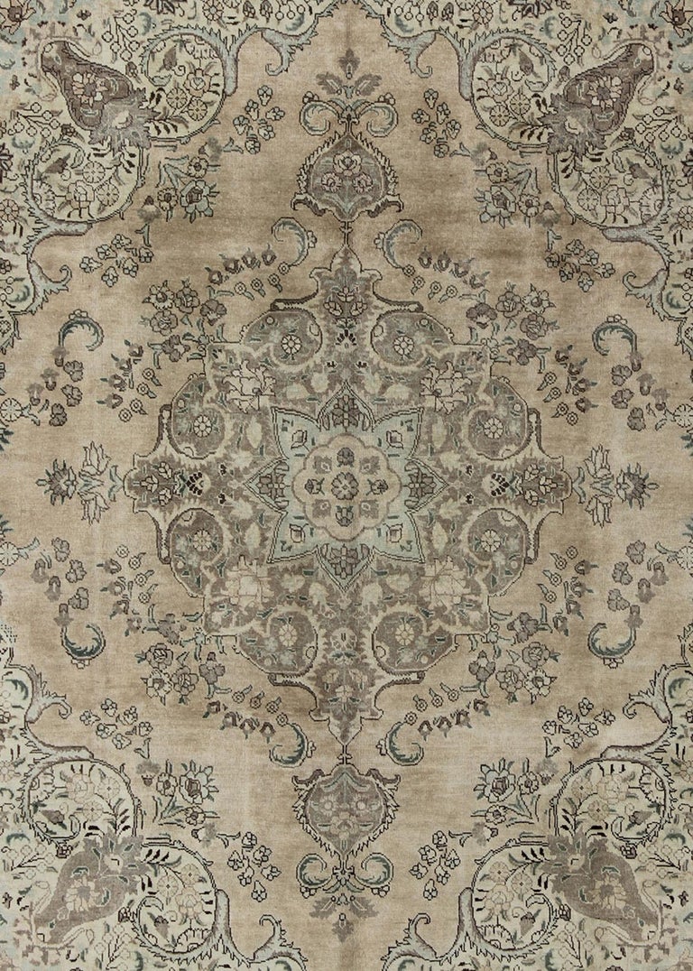 Vintage Muted Persian Tabriz Rug With Large Floral Medallion in Earthy ...