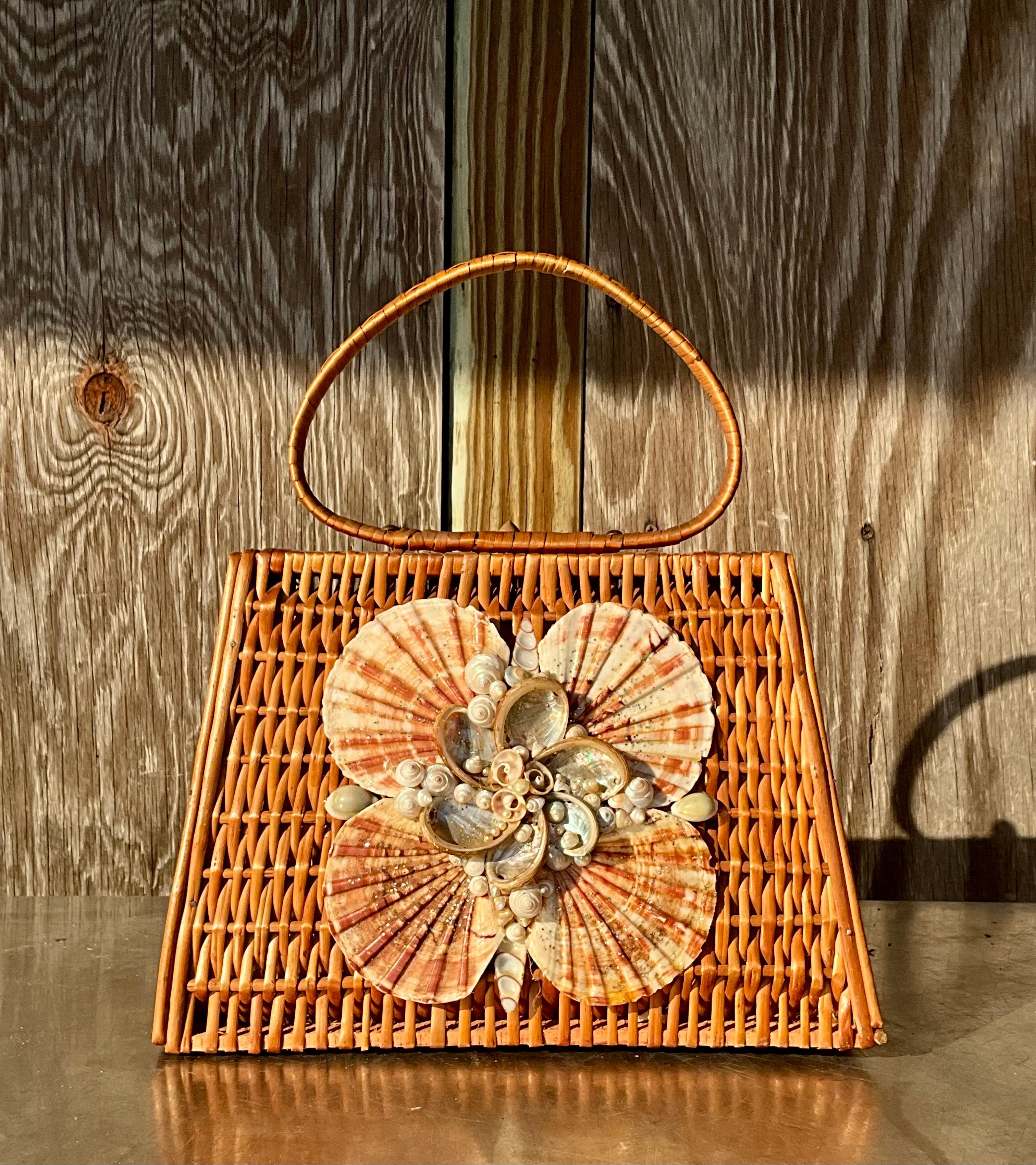 Vintage Nantucket Rattan Basket Purse with Shells For Sale at 1stDibs