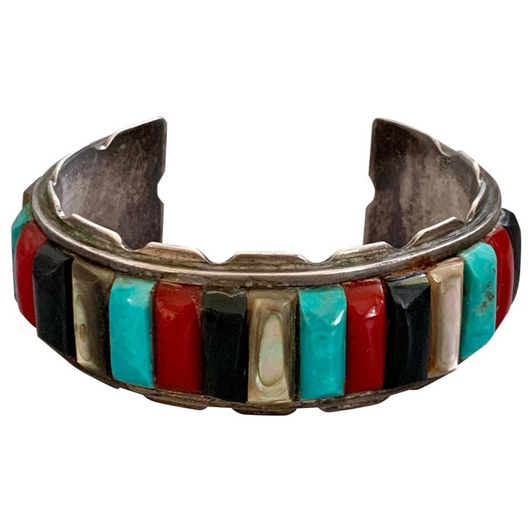 Vintage Native American Inlaid Multi-Stone Sterling Silver Cuff ...