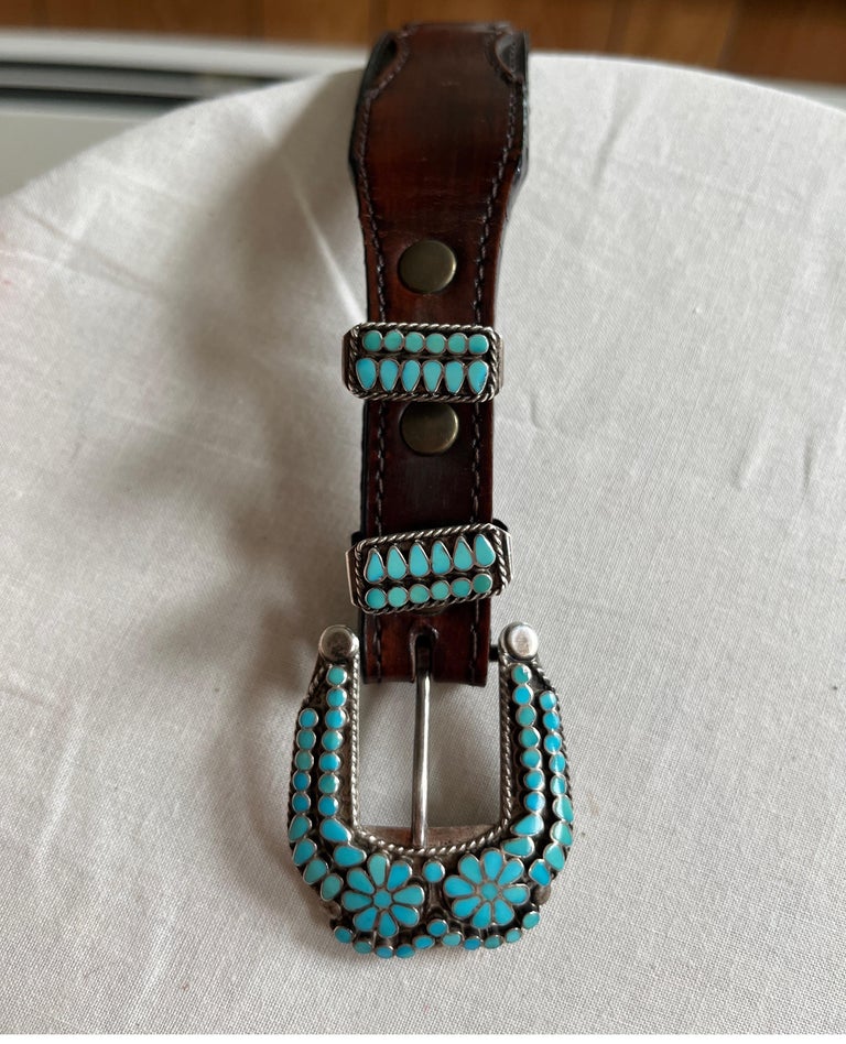 Vintage Native American Inlaid Turquoise, Silver and Hand-tooled Leather Belt For Sale at 1stDibs