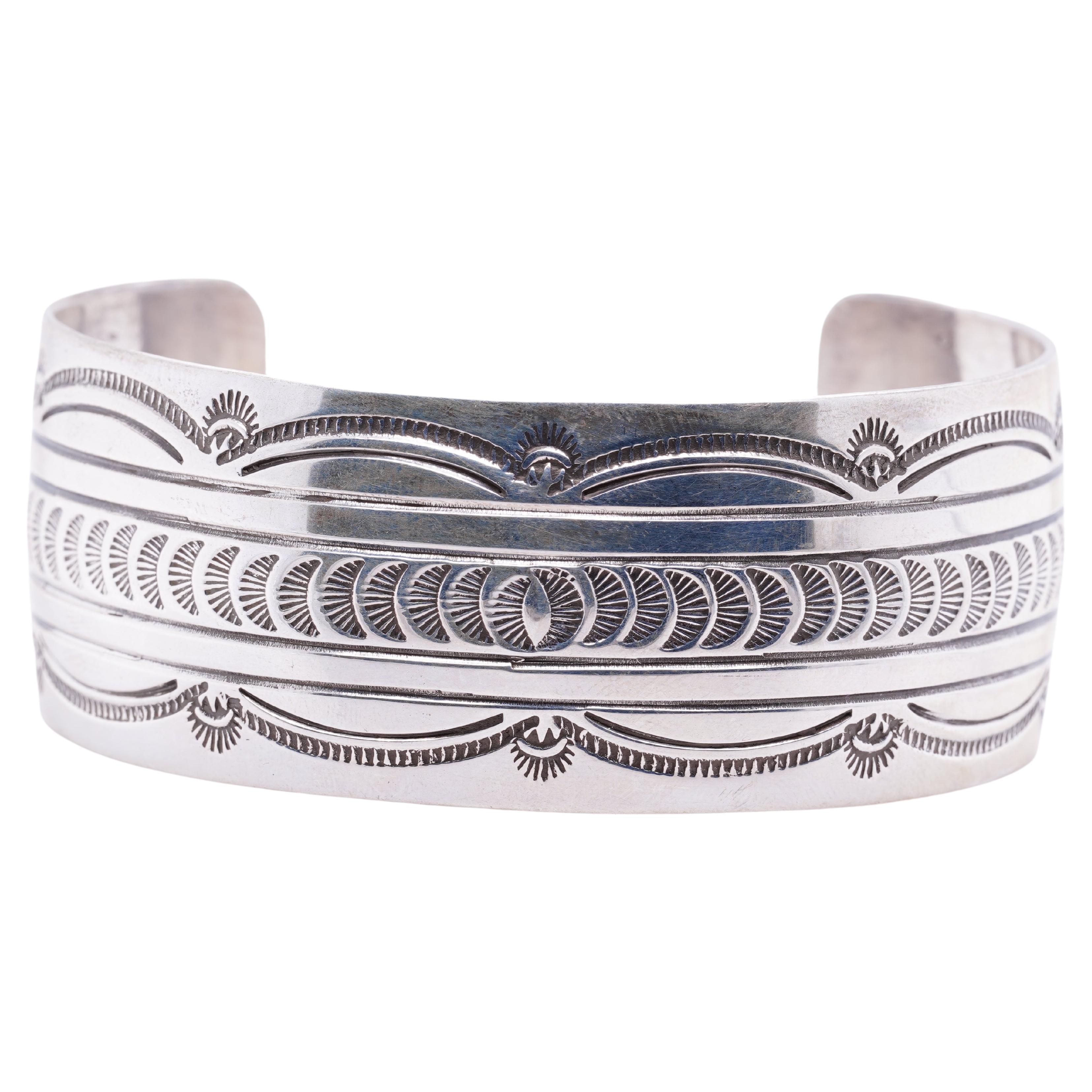 Early Native American Navajo Indian 900 Silver Stamped 4-Row Wide Cuff ...