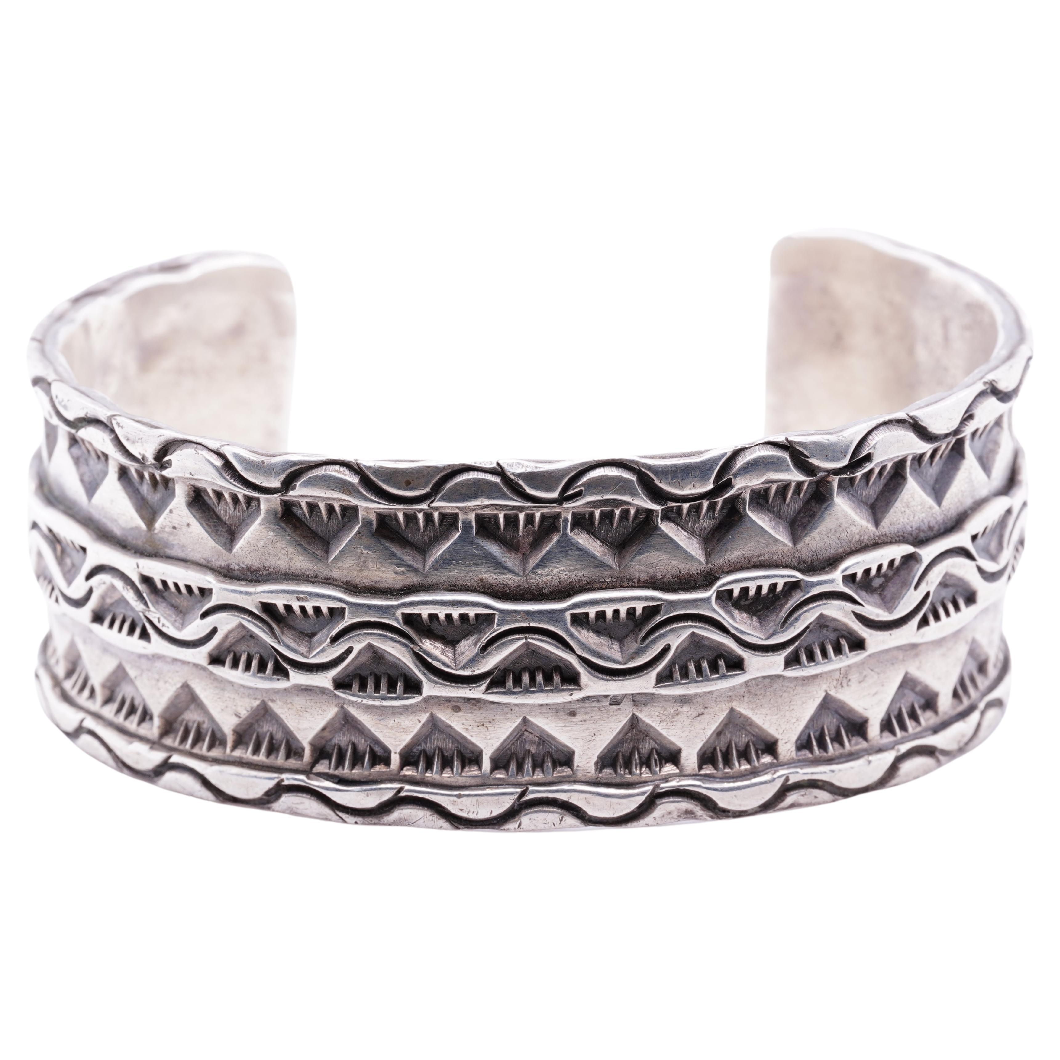 Early Native American Navajo Indian 900 Silver Stamped 4-Row Wide Cuff ...