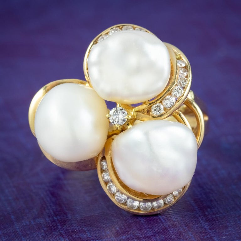 Vintage Natural Baroque Pearl Diamond Cluster Ring For Sale at 1stDibs