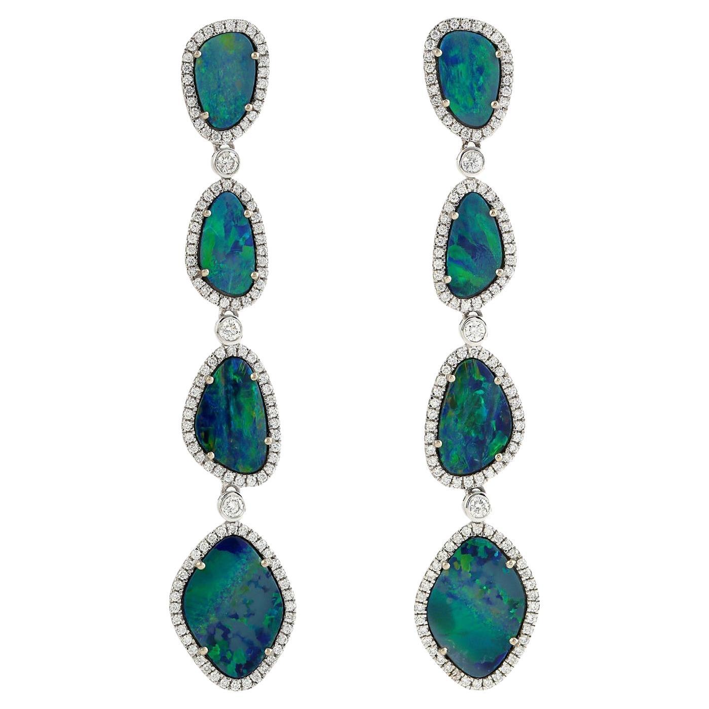 Vintage Natural Black Opal Dangle Earrings Diamonds 18K White Gold For ...