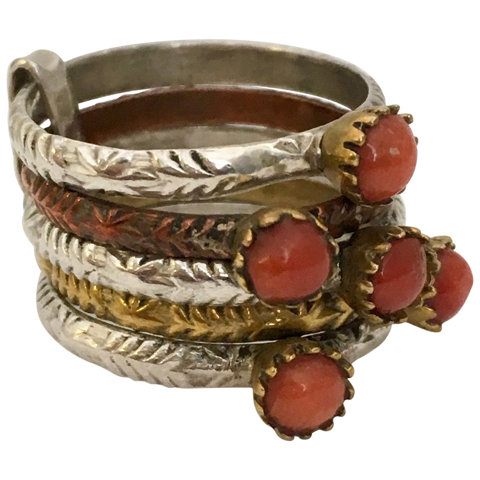 Vintage Natural Coral Harem Ring Silver Brass Copper Five-Band Stack ...