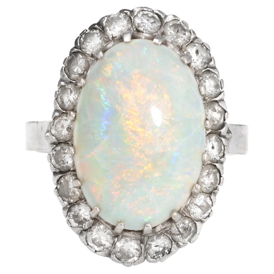 Natural 22ct Opal Ring Vintage 14k White Gold Large Oval Cocktail Jewellery For Sale at 1stDibs