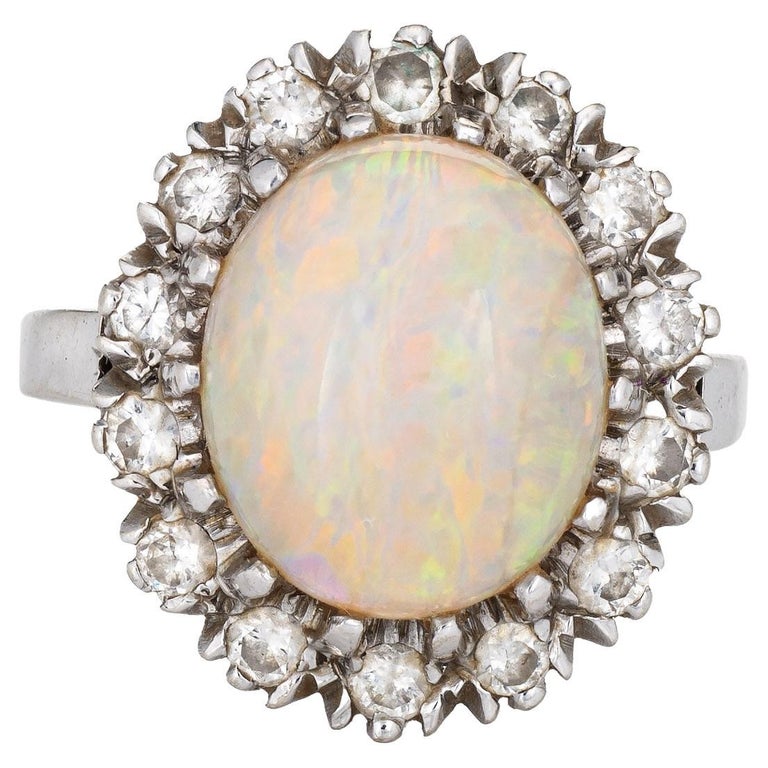 Vintage Natural Opal Diamond Ring 14k White Gold Cocktail Oval Estate ...