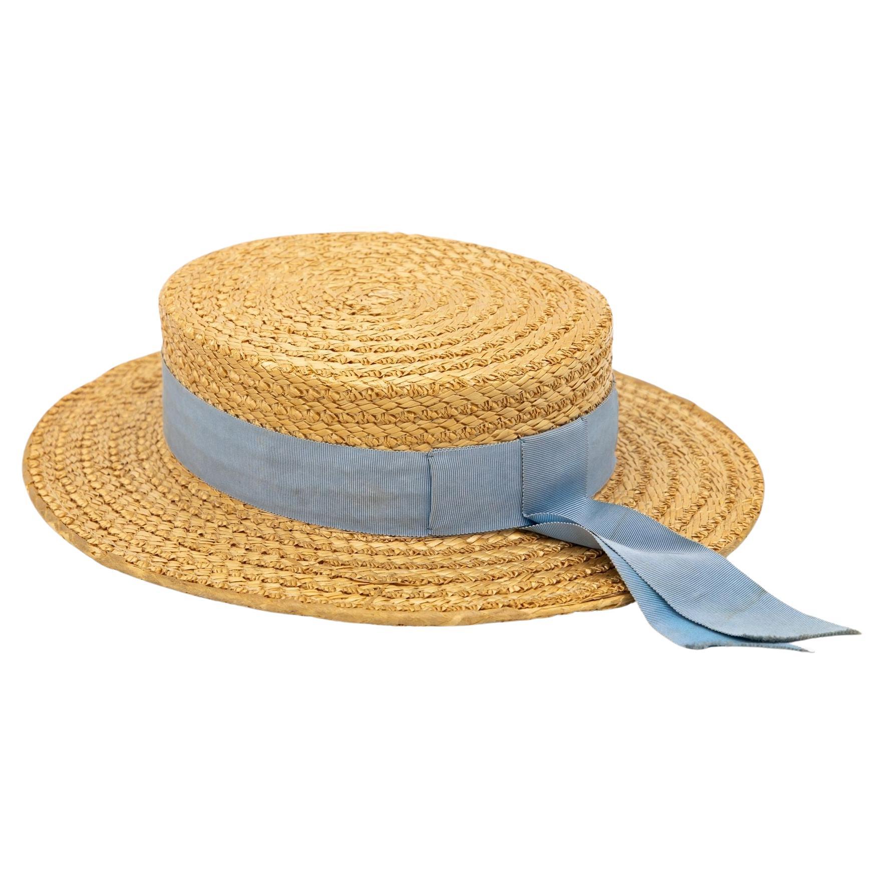 Vintage Natural Straw Pale Blue Ribbon Bow Boater Hat, The Ridgemont ...