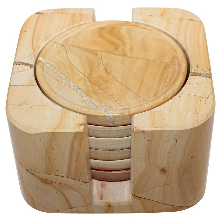 Vintage Natural Tan Marble Cocktail Drink Coasters Set in Stand at 1stDibs