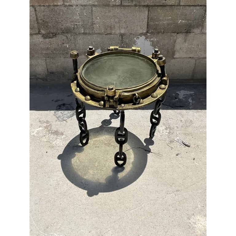 Vintage Nautical Brass Genuine Port Hole Side Table For Sale at 1stDibs