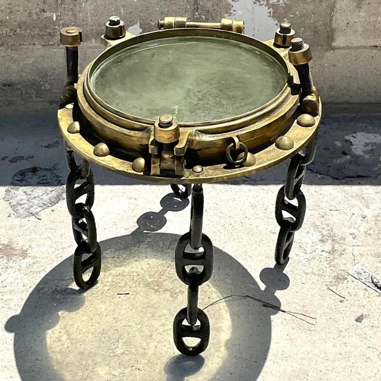Vintage Nautical Brass Genuine Port Hole Side Table For Sale at 1stDibs