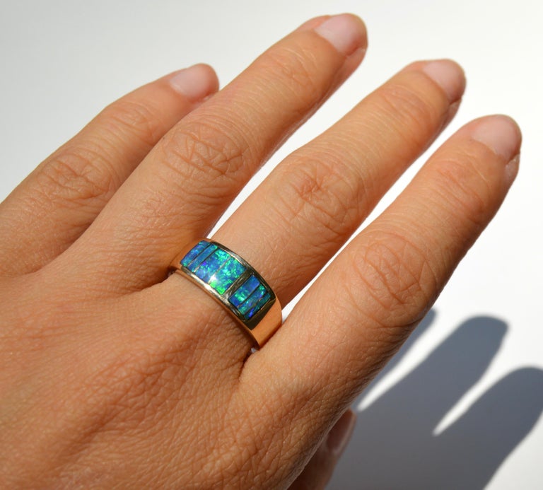 Vintage Navajo 14 Karat Gold Black Opal Inlay Band Ring at 1stDibs ...