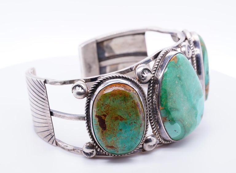 Vintage Navajo Calico Lake Triple Bright Green Turquoise Sterling Cuff ...