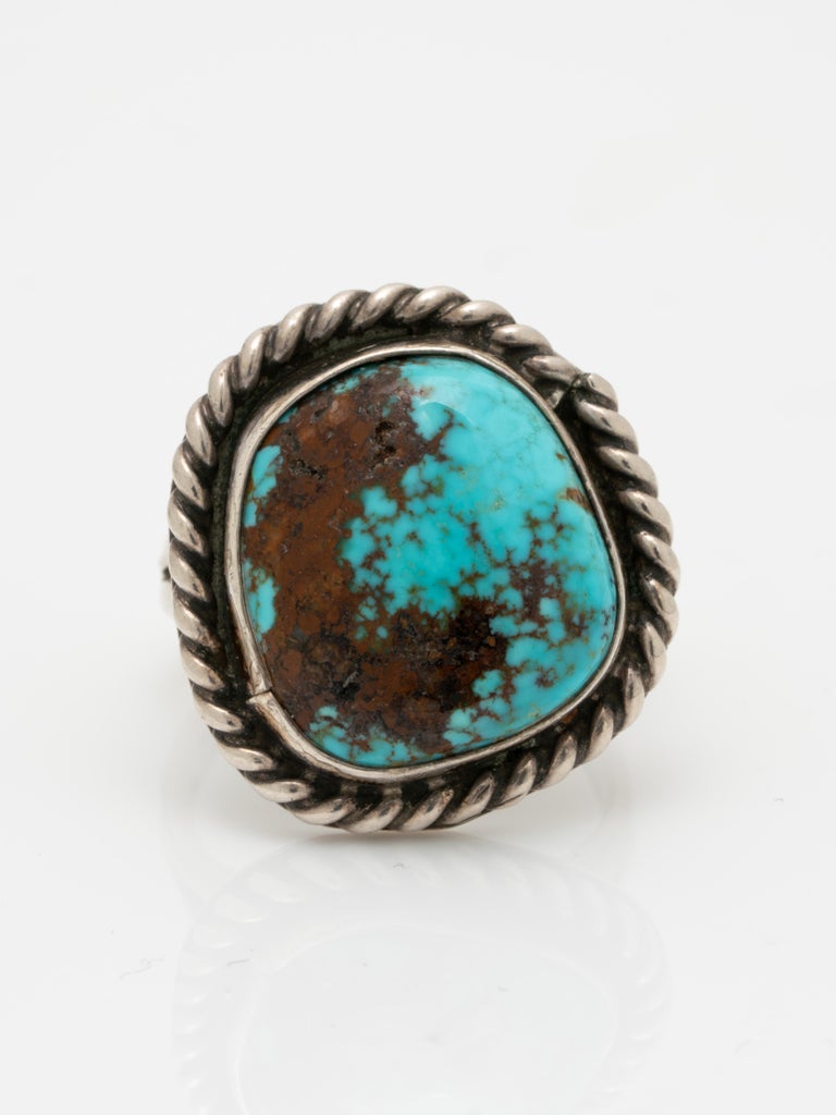 Vintage Navajo Native American Turquoise and Silver Rope Design Ring ...
