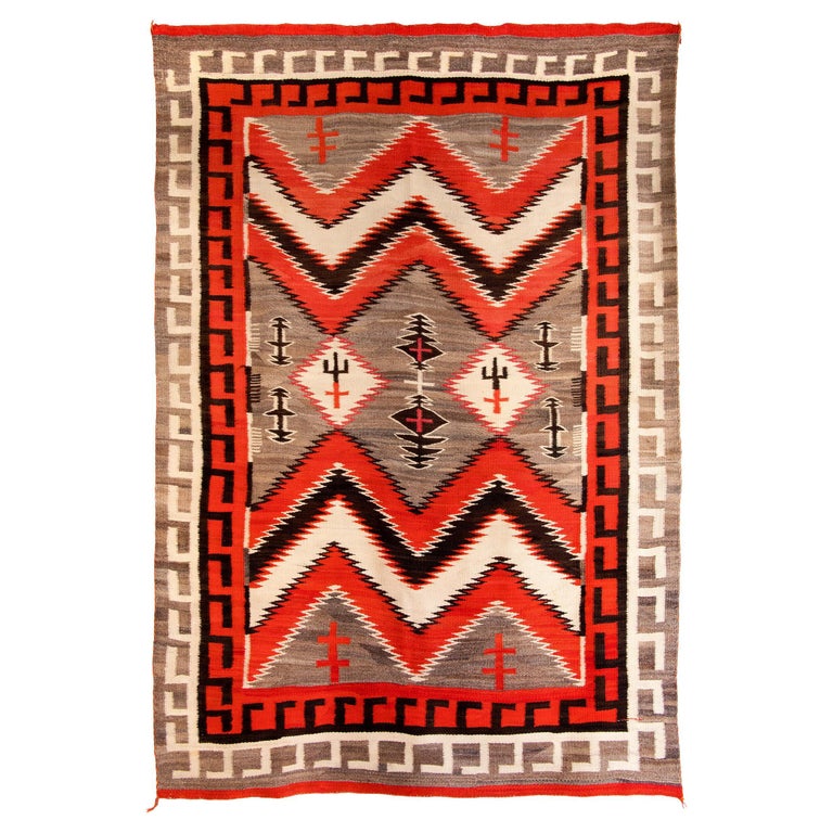 Vintage Navajo Rug, 1940s, Trading Post Era with Crosses, Red Brown ...