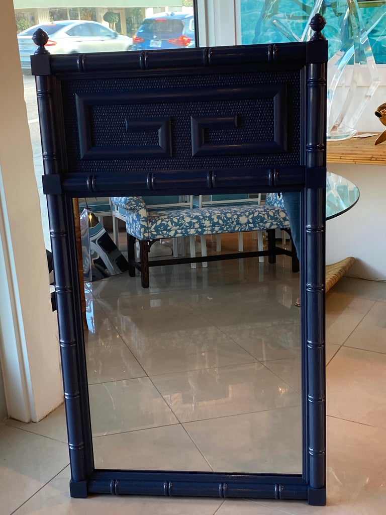Vintage Navy Blue Lacquered Greek Key Faux Bamboo Wall Mirror at ...