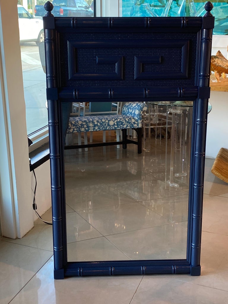Vintage Navy Blue Lacquered Greek Key Faux Bamboo Wall Mirror at ...