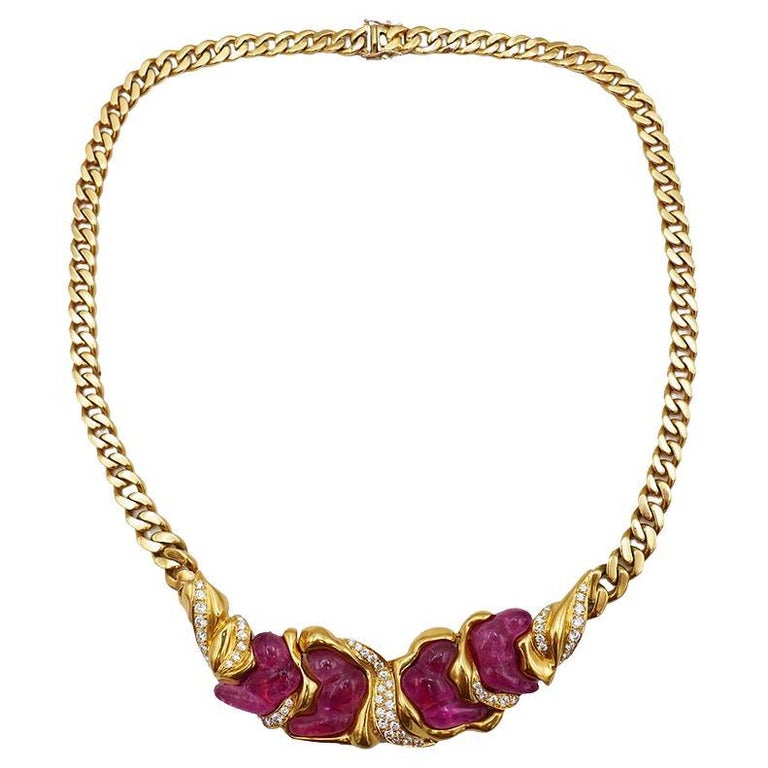 Vintage Necklace by Ansuini Italy 18k Gold Ruby Diamond For Sale at 1stDibs