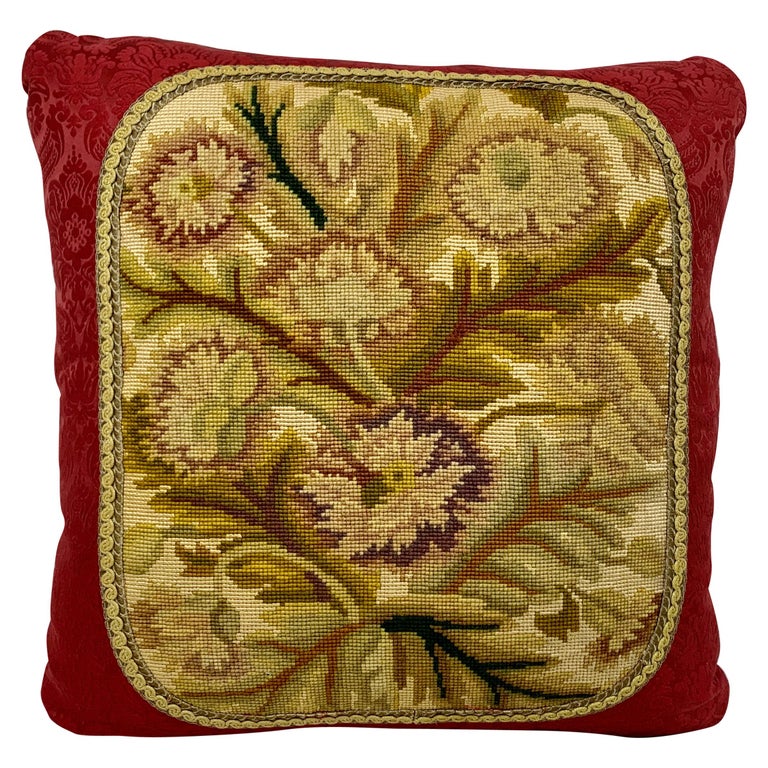 Needlepoint Hand Stitched Cushion or Pillow with Red Damask Backing For ...