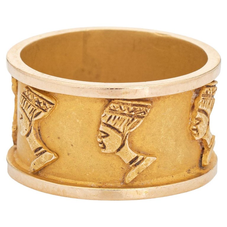 Vintage Nefertiti Ring 18k Yellow Gold Wide Band Egyptian Estate ...