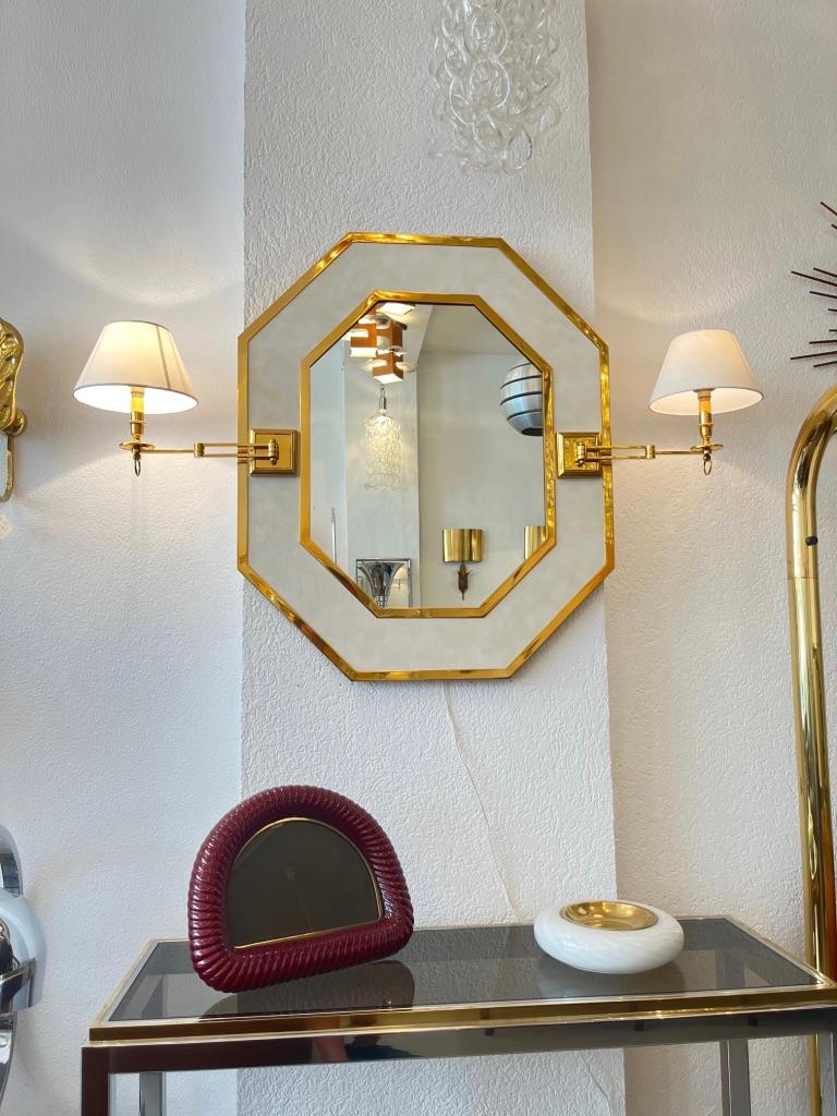Vintage Neoclassical Brass and Leather Octagonal Wall Mirror with ...