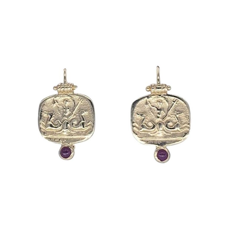 Vintage Neptune Ruby Gemstone Italy Drop Earrings For Sale at 1stDibs