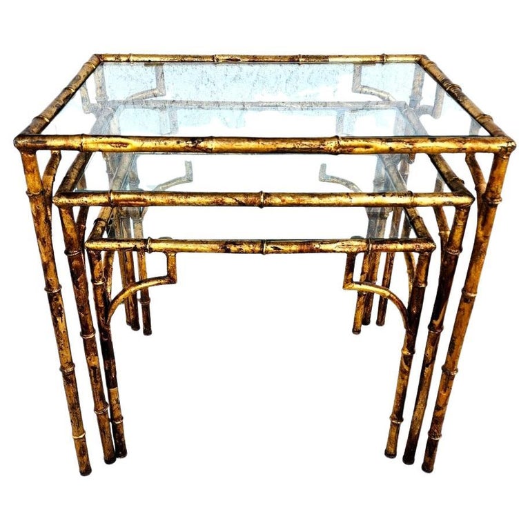 Vintage Nesting Tables Gilded Faux Bamboo Set of 3 For Sale at 1stDibs