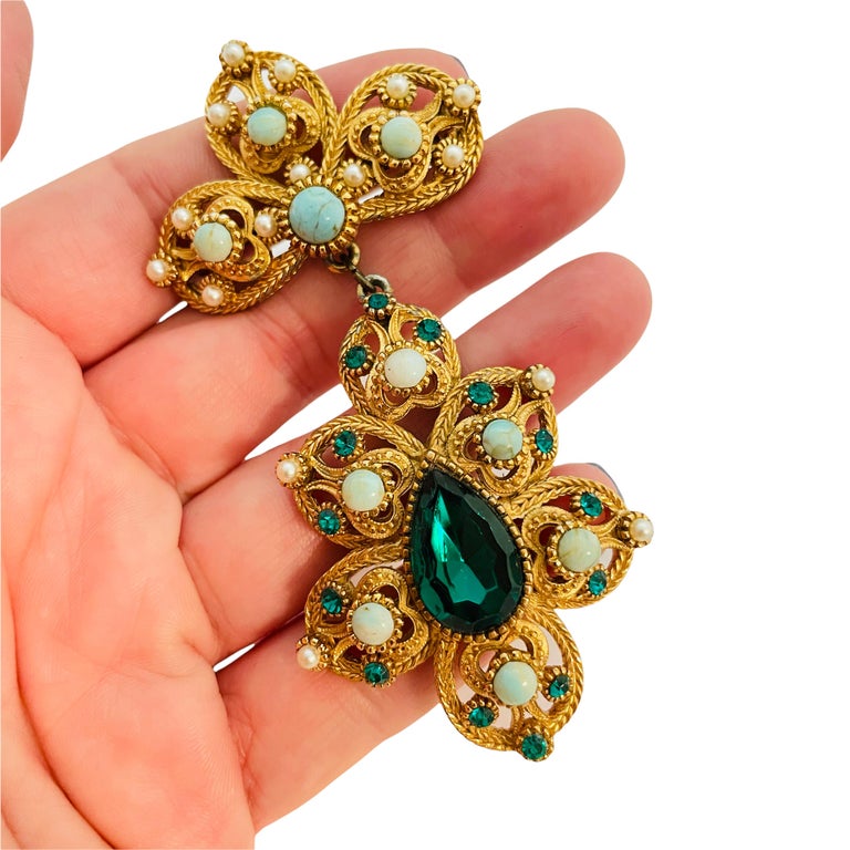 Vintage NINA RICCI gold faux emerald pearl turquoise dangle designer ...
