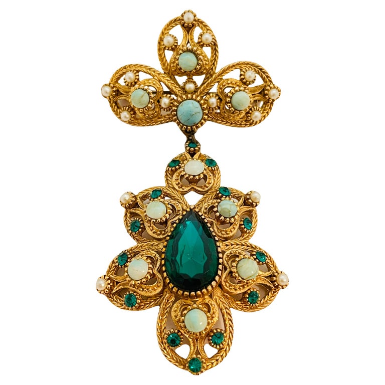 Vintage NINA RICCI gold faux emerald pearl turquoise dangle designer ...
