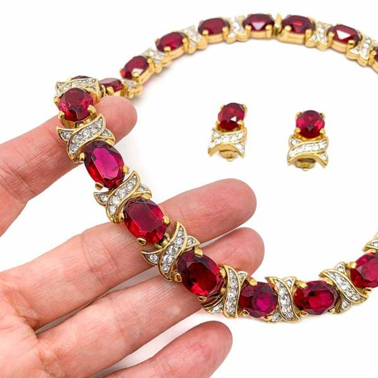 Vintage Nina Ricci Ruby Red Crystal Full Parure 1990s For Sale at 1stDibs