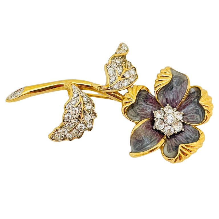 Vintage NOLAN MILLER gold enamel rhinestone flower designer runway ...