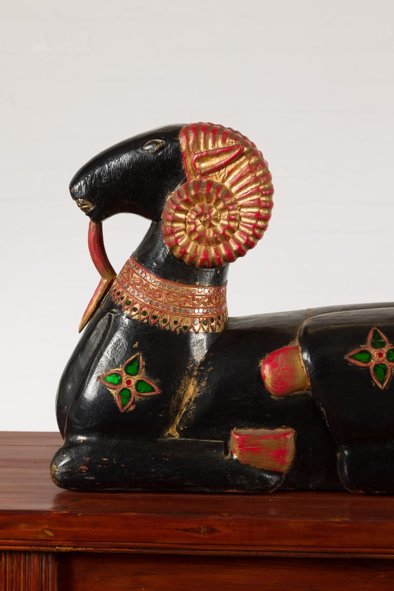 Vintage Northern Thai Double Ram Painted Sculpture with Gilt and ...