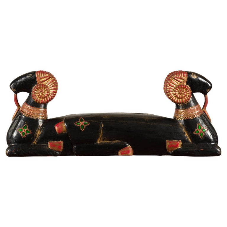 Vintage Northern Thai Double Ram Painted Sculpture with Gilt and ...