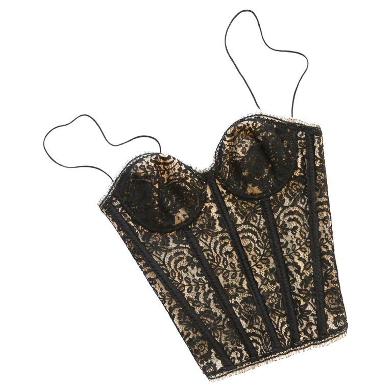 Vintage nude black lace overlay underwired boned corset bustier top XS ...