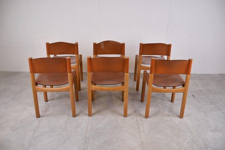 Vintage Oak and Leather Dining Chairs, 1960s For Sale at 1stDibs