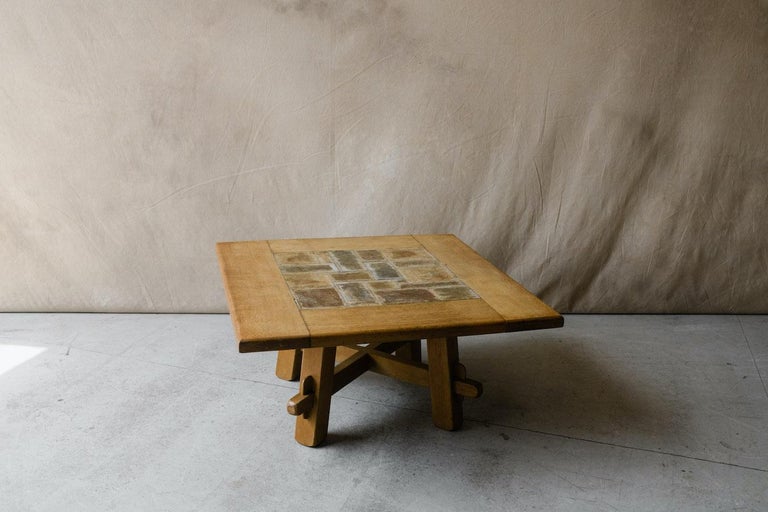 Vintage Oak and Slate Tile Coffee Table From France, Circa 1970 at 1stDibs